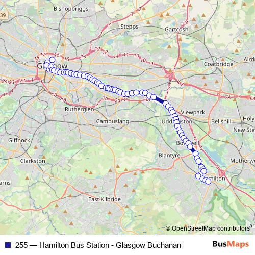 255 (Hamilton Bus Station - Glasgow Buchanan) Bus, route map and ...
