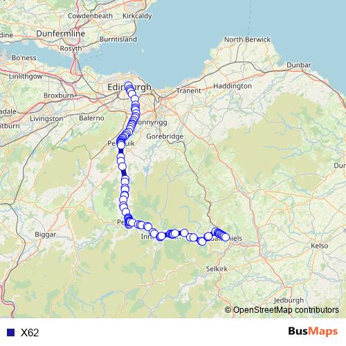 X62 Bus, route map and schedule, Edinburgh