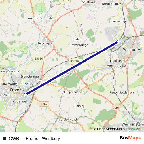 Rail route GWR - Frome - Westbury in Westbury