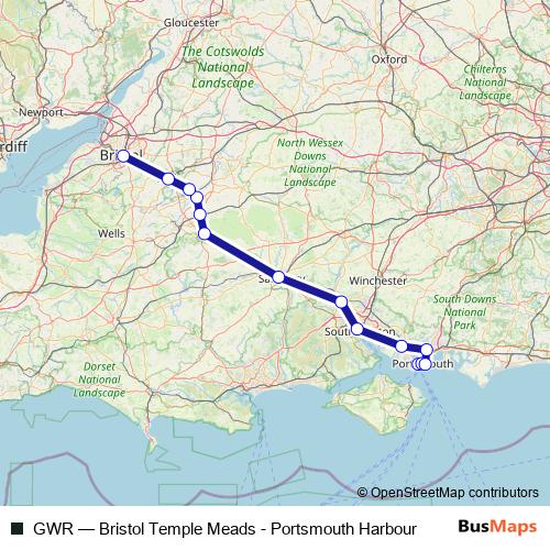 Rail route GWR - Bristol Temple Meads - Portsmouth Harbour in Bristol