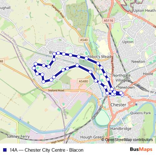 14A (Chester - Blacon) Bus, route map and schedule, Chester