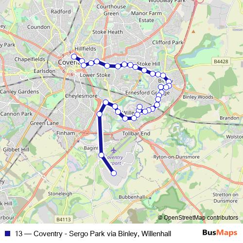 Bus 13 Schedule & Stops in Coventry