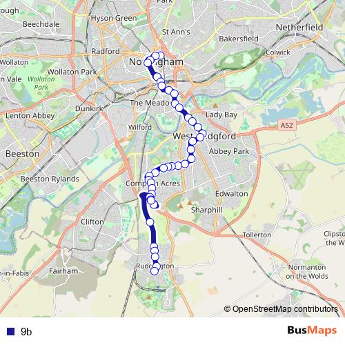 9b Bus, route map and schedule, Nottingham