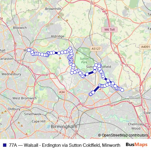 77A (Walsall - Erdington via Sutton Coldfield, Minworth) Bus, route map ...