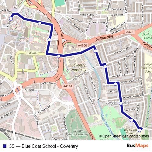 3S (Blue Coat School - Coventry) Bus, route map and schedule, Coventry