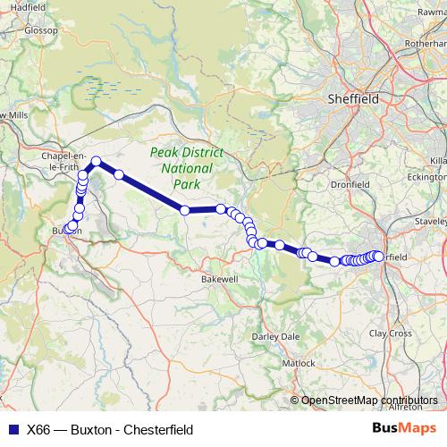 X66 (Buxton - Chesterfield) Bus, route map and schedule, Matlock