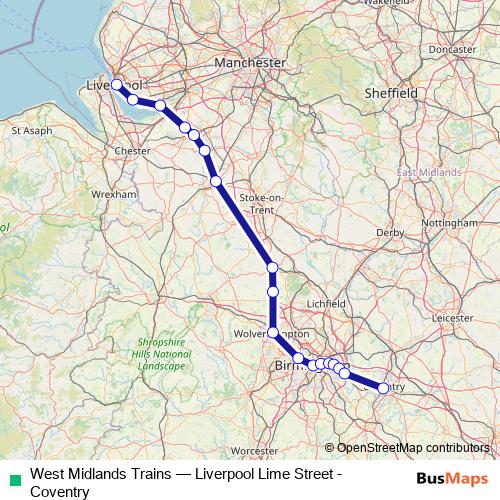 Rail route West Midlands Trains - Liverpool Lime Street - Coventry in ...