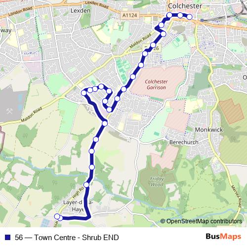 56 (Town Centre - Shrub END) Bus, route map and schedule, Colchester