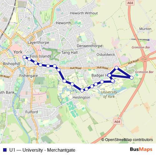 U1 (University - Merchantgate) Bus, route map and schedule, Heslington