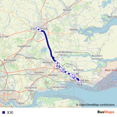 X30 Bus, route map and schedule, Southend-on-Sea