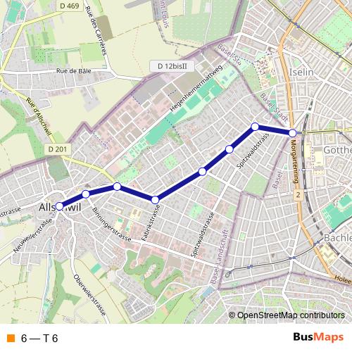6 (T 6) Tram, route map and schedule, Basel