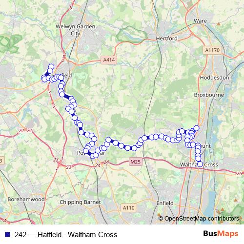 242 (Hatfield - Waltham Cross) Bus, route map and schedule, Hertford